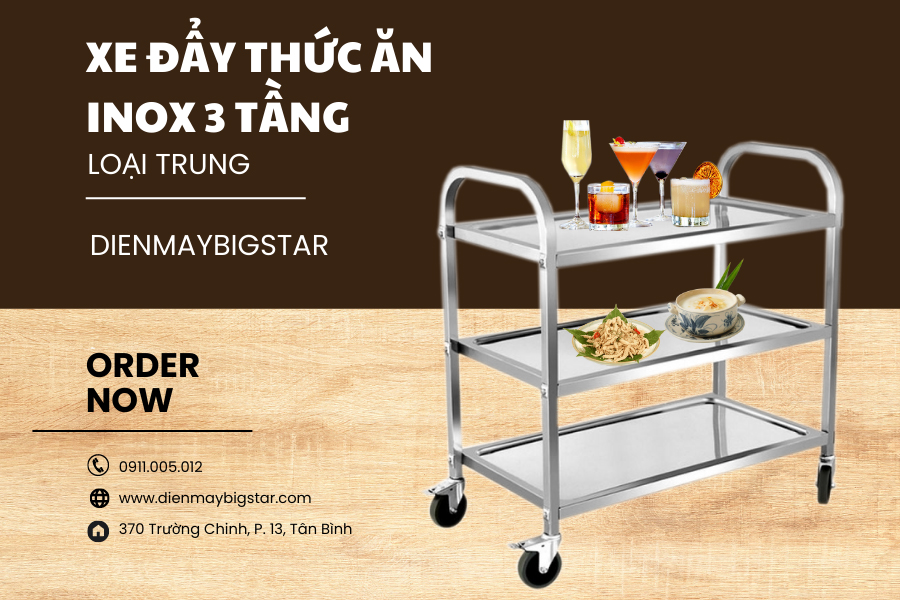 Xe đẩy thức ăn 3 tầng inox loại trung